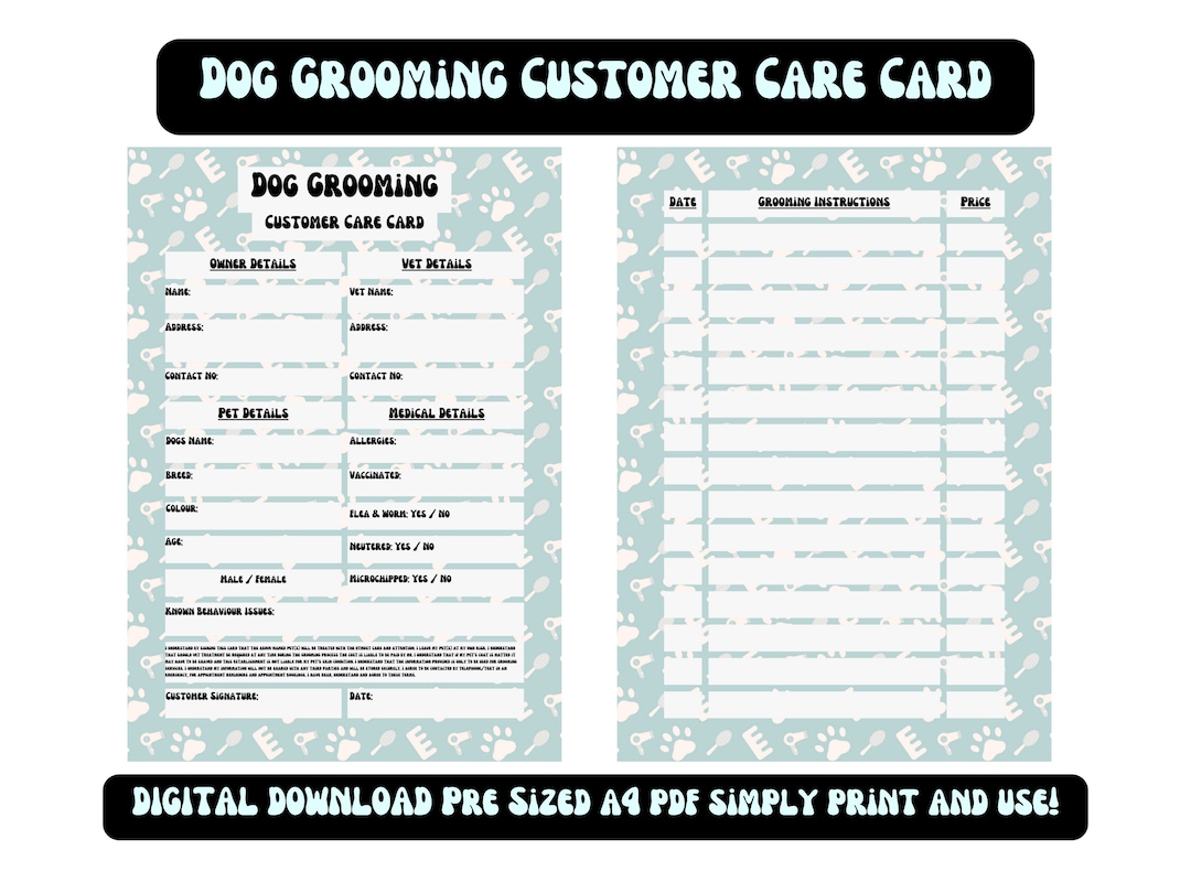 Dog Grooming Form Record Card A4 PDF Green Client Digital Download ...