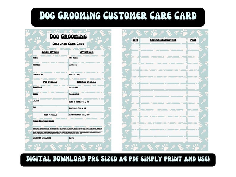 Dog Grooming Form Record Card A4 PDF Green Client Digital Download ...
