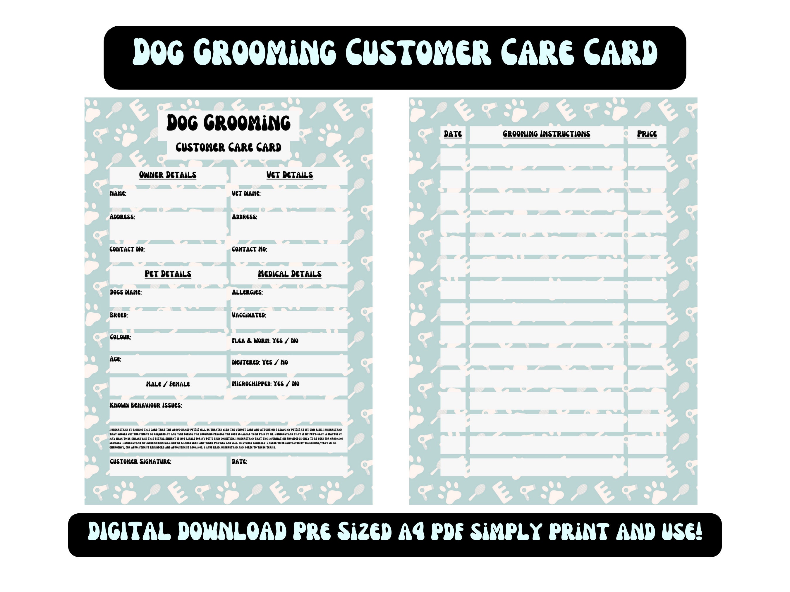 Dog Grooming Form Record Card A4 PDF Green Client Digital Download ...