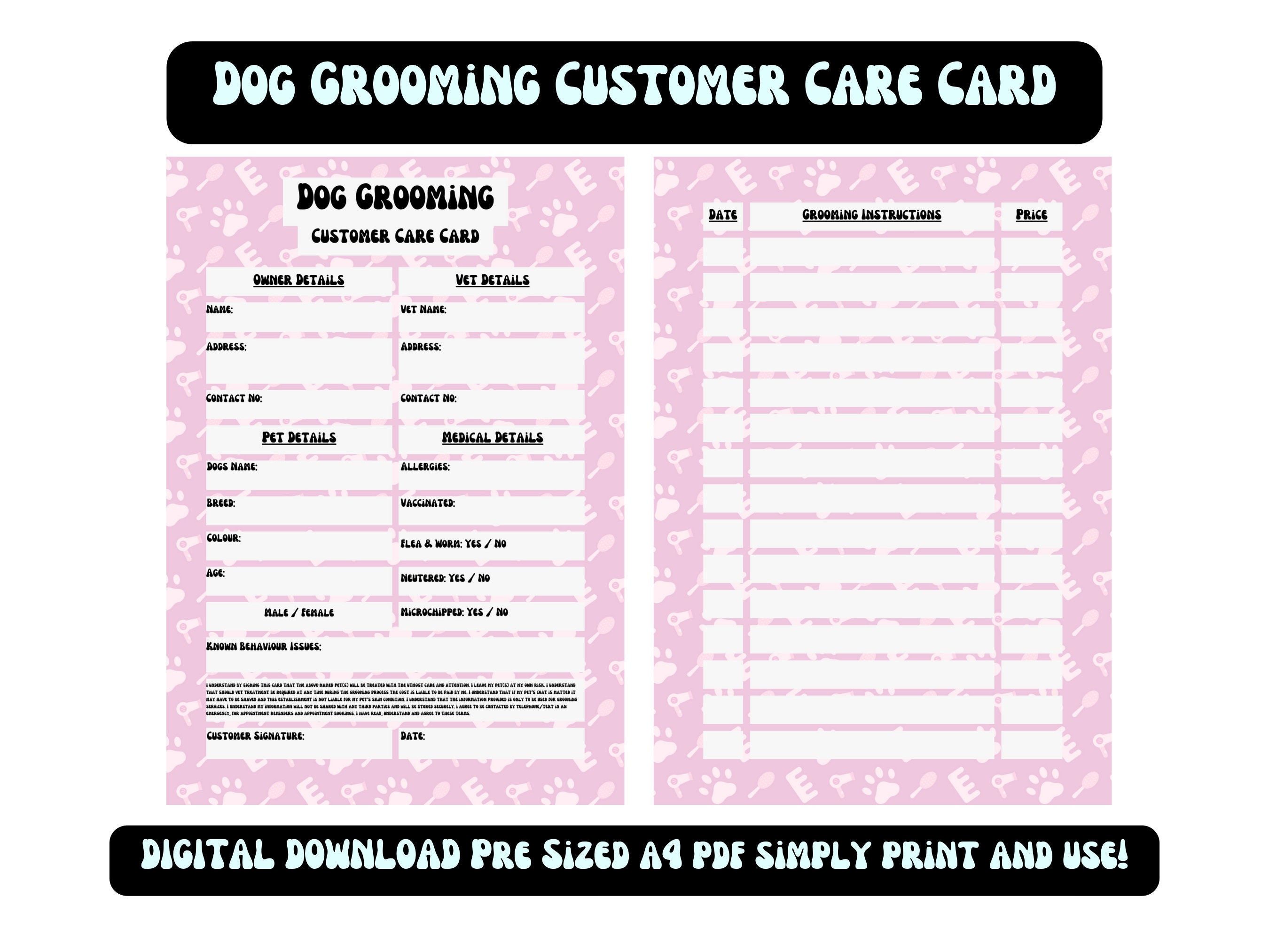 Dog Grooming Form Record Card A4 PDF Pink Client Digital Download ...
