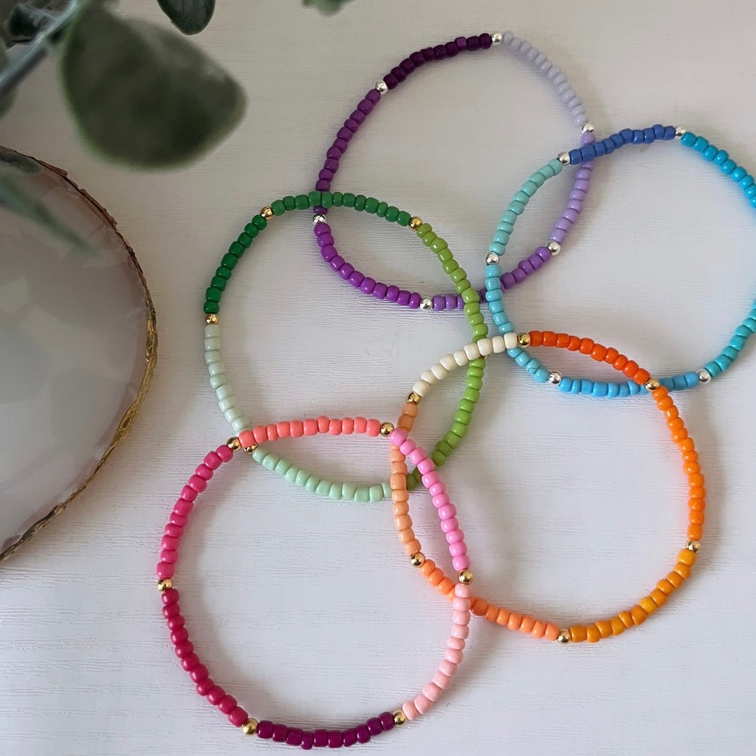 Colourful Seed Bead Stacking Bracelets, Dainty Gold and Silver ...