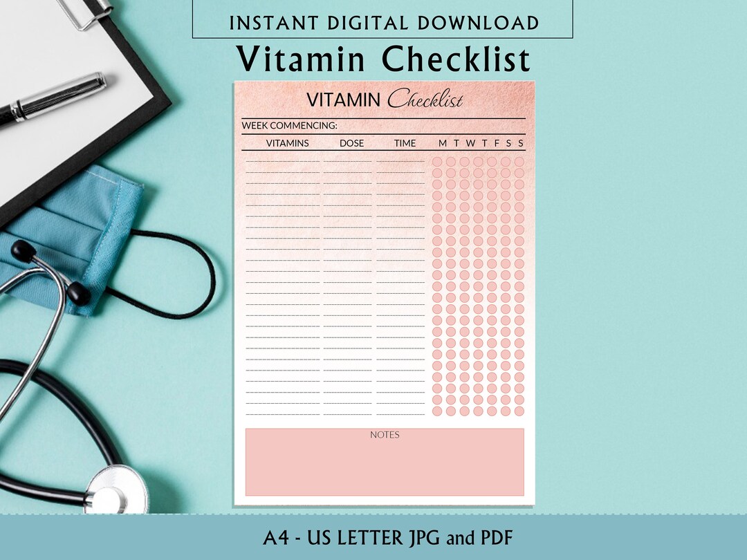 Vitamin Checklist, Daily Vitamin Checklist, Vitamin Tracker, Weekly ...