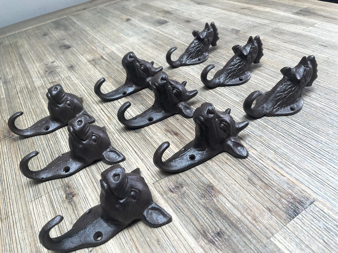 3 Cast Iron Coat Hooks - Animal Heads - Pig Head, Rooster Head, Cow Head - Etsy