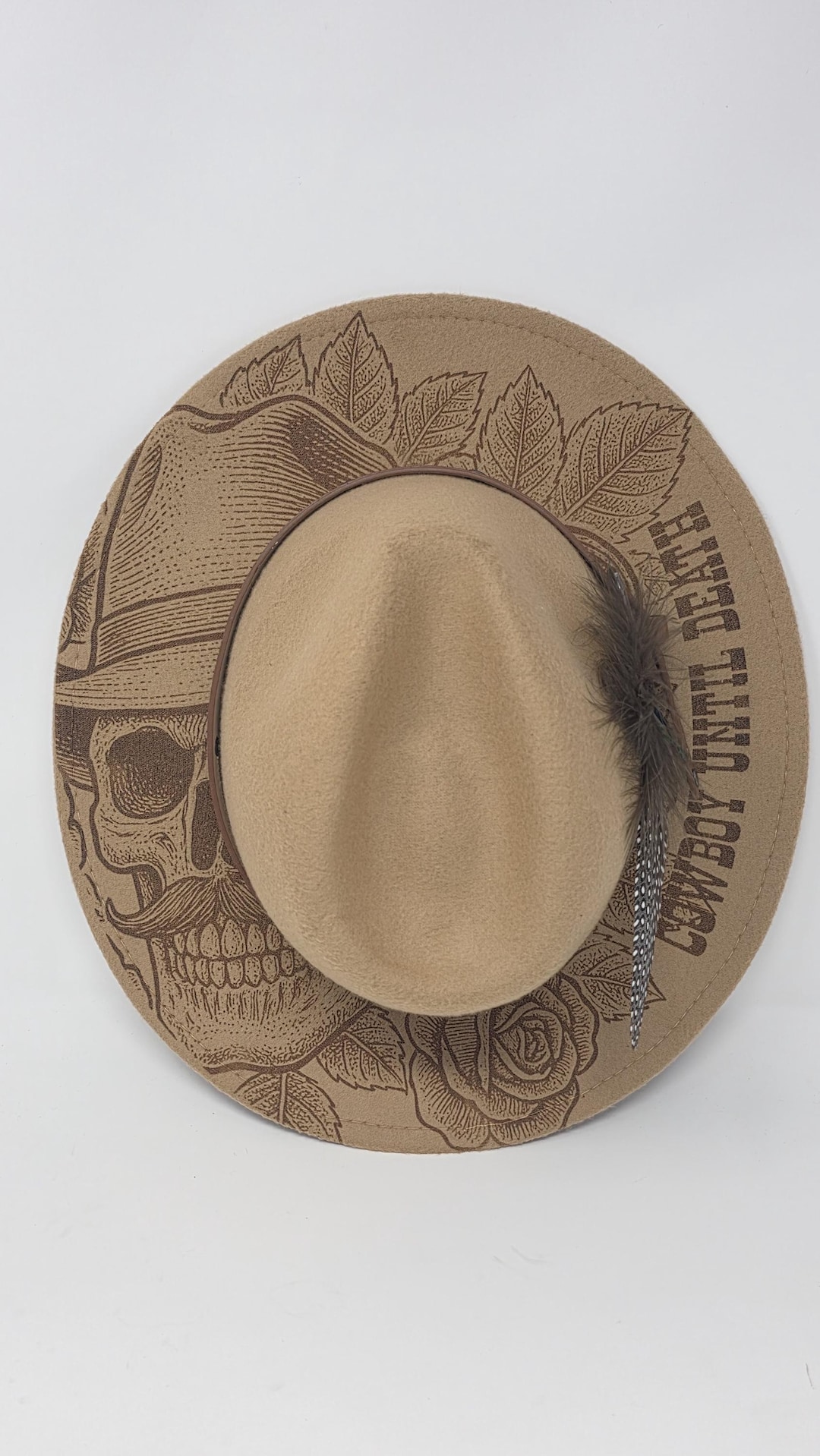 Engraved Cowboy Fedora Hat: Skull & Roses Brim, Adjustable Western ...