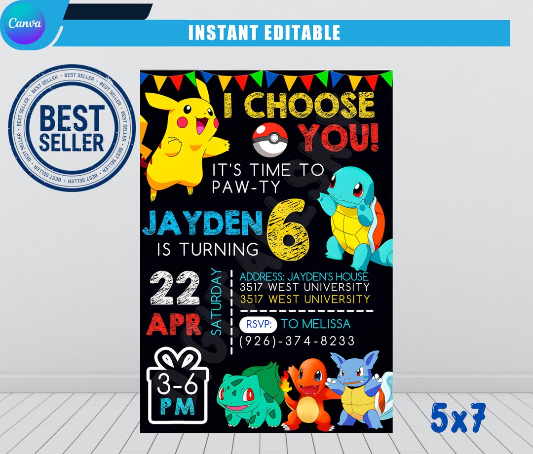 Invitación de cumpleaños de Pokémon personalizada y editable / - Etsy ...