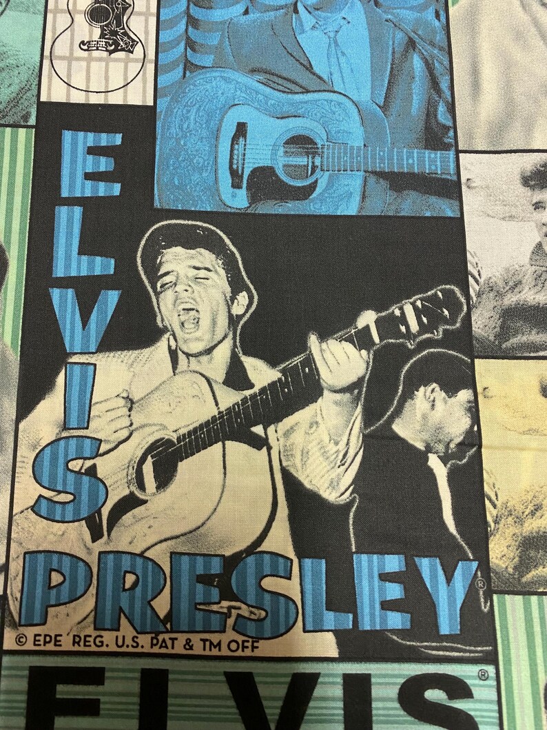 Elvis Presley Fabric..several Pictures of Elvis.. Blue, Green and Cream ...