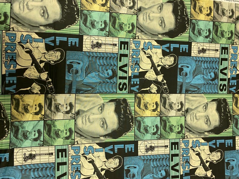 Elvis Presley Fabric..several Pictures of Elvis.. Blue, Green and Cream ...