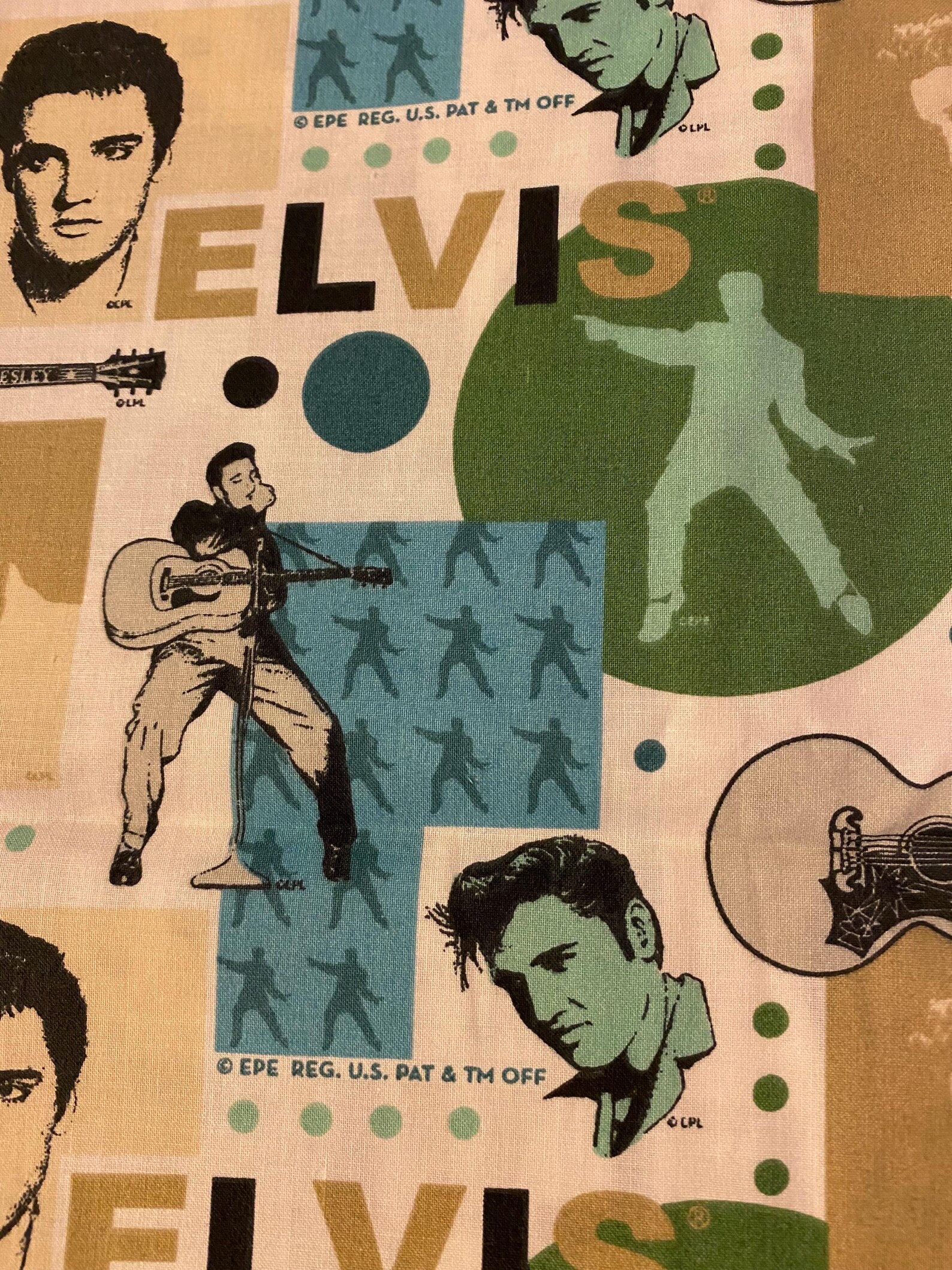 Elvis Presley Fabric.. Beige Background With Green and Teal.. Several ...