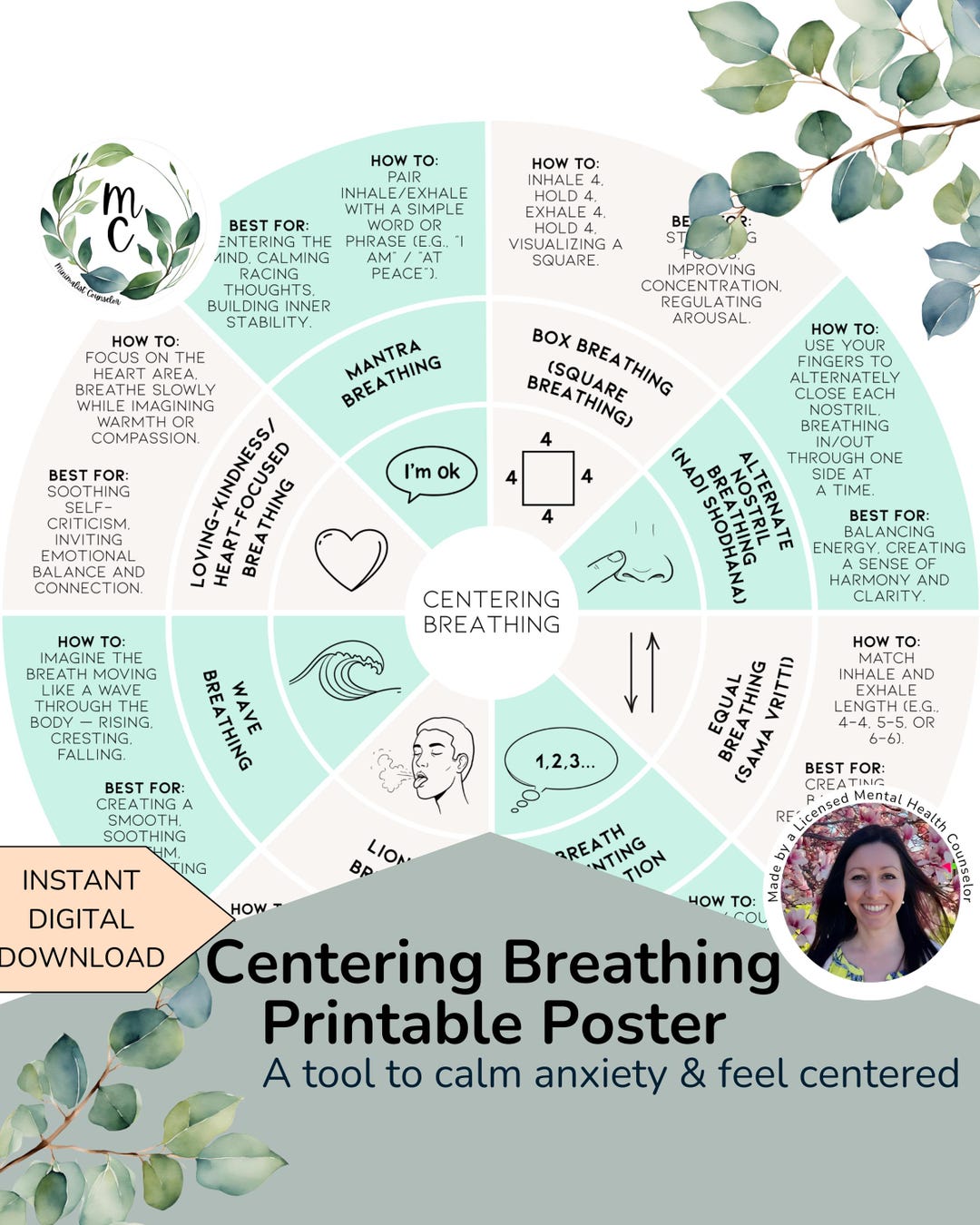 Mindful Breathing Tool for Centering and Relaxation, Printable Coping ...