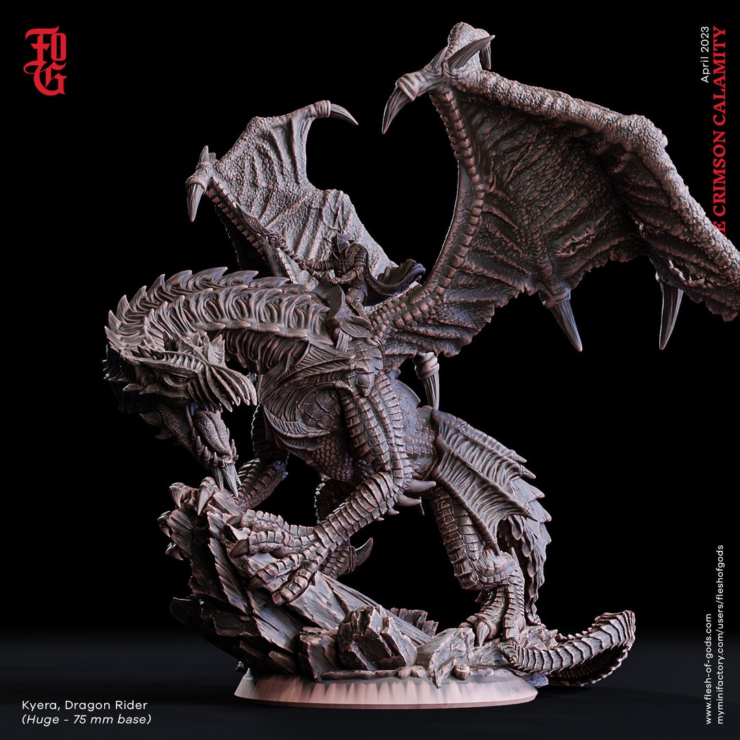 Dragon Miniature With Female Rider 75mm Base Dnd Miniature Dungeons and ...