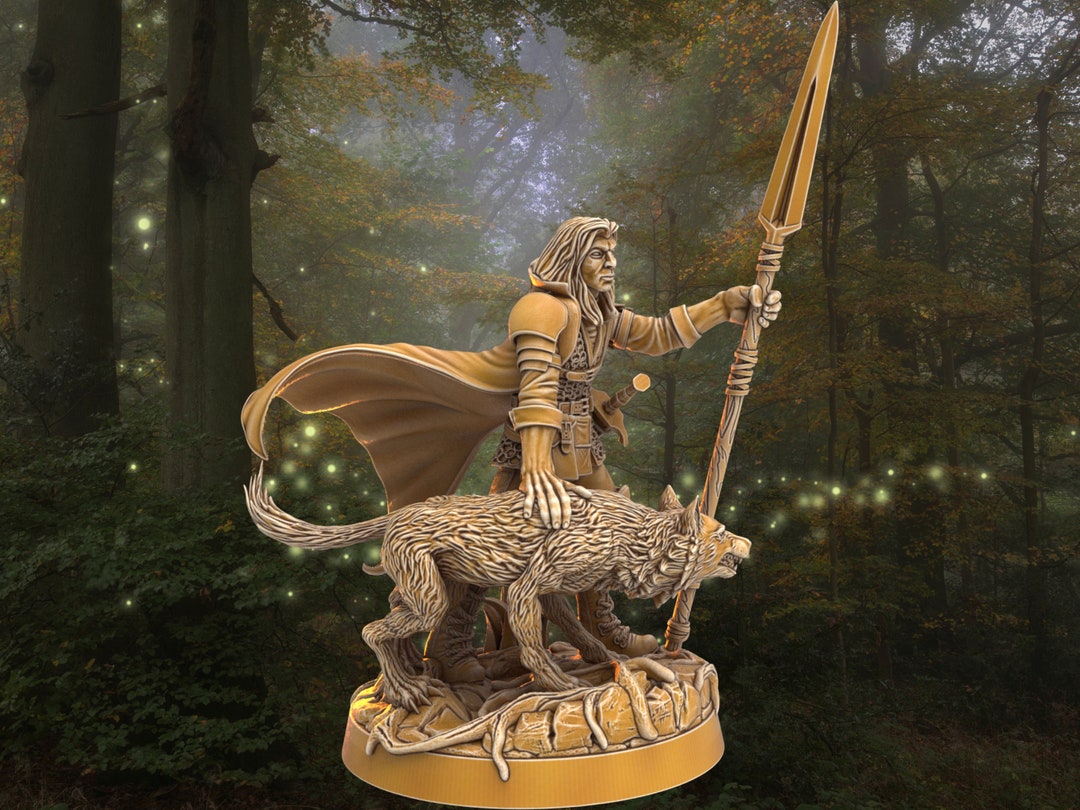 Dnd Ranger Miniature With Wolf Companion Warrior W/ Spear 32mm Scale ...