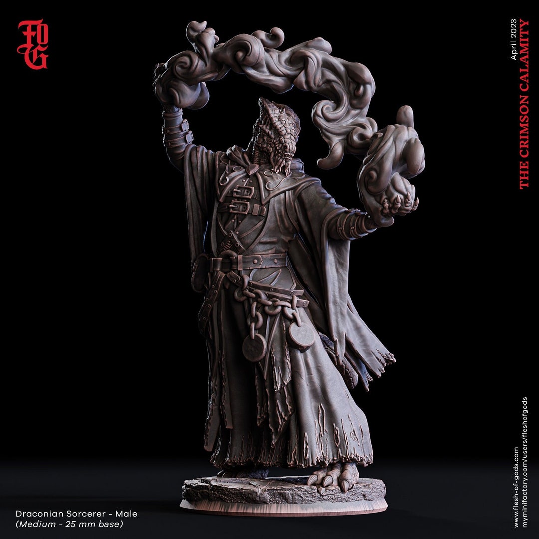 Male Draconian Sorcerer Miniature Wizard Warlock Spellcaster | 32mm ...