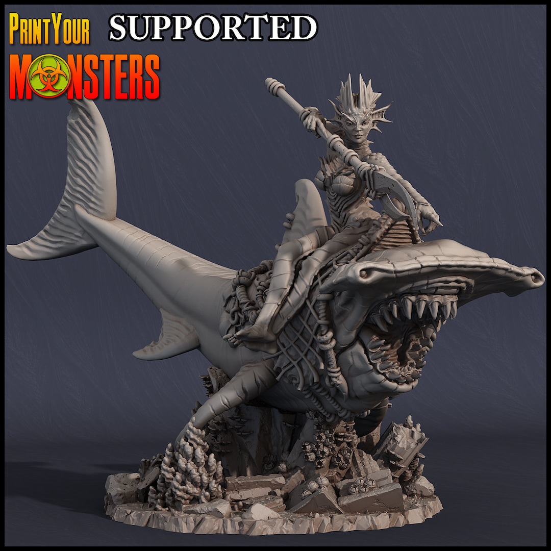 Dnd Female Merfolk on Hammerhead Shark Miniature | Underwater Monster ...