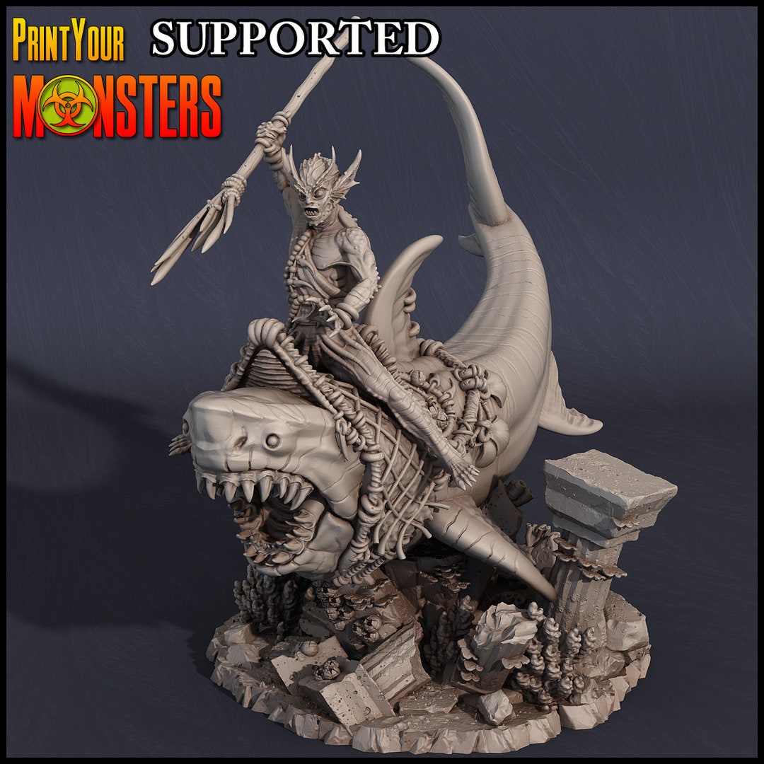 Dnd Merfolk Rider on Great White Shark Mount | Underwater Monster ...