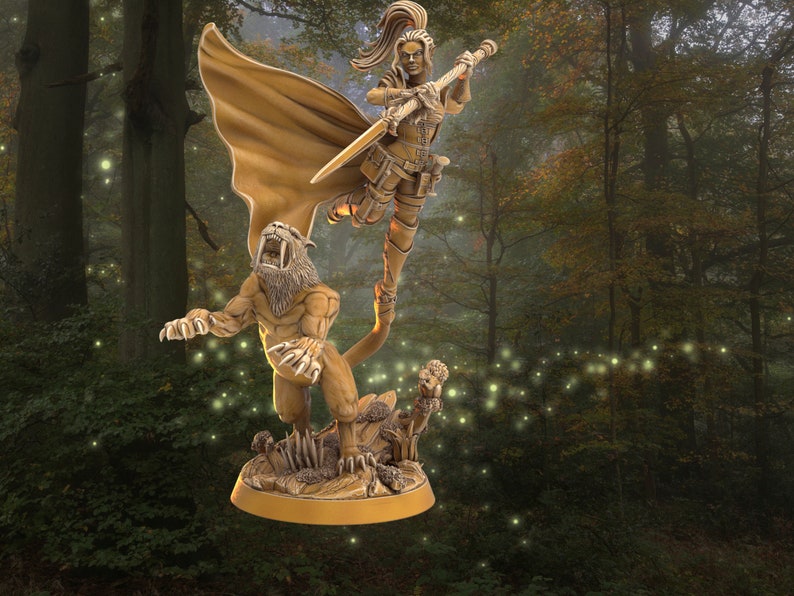 Dnd Female Warrior With Direcat Companion Miniature Spear - Etsy