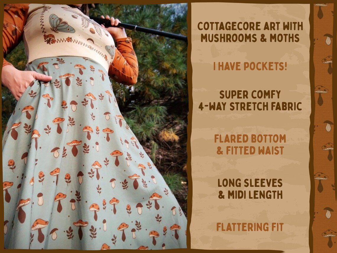 Moth & Mushroom Cottagecore Dress With Pockets / Beige Burnt - Etsy