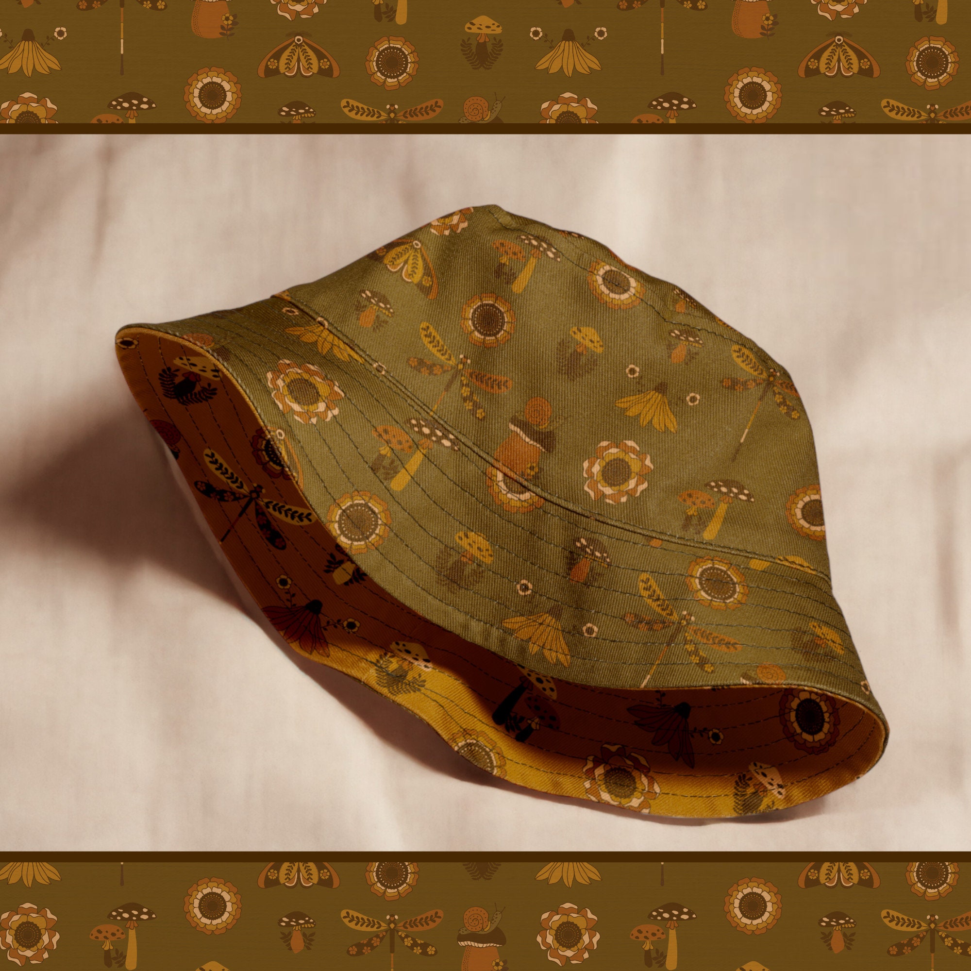 Reversible Goblincore Bucket Hat / Retro Mushrooms, Moths, Dragonflys ...
