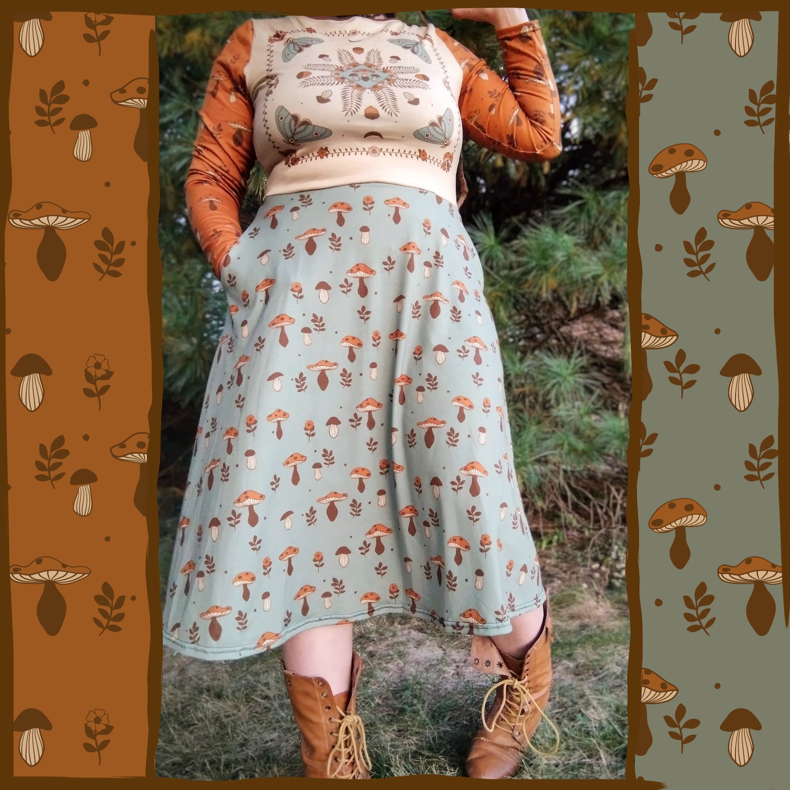 Moth & Mushroom Cottagecore Dress With Pockets / Beige Burnt - Etsy