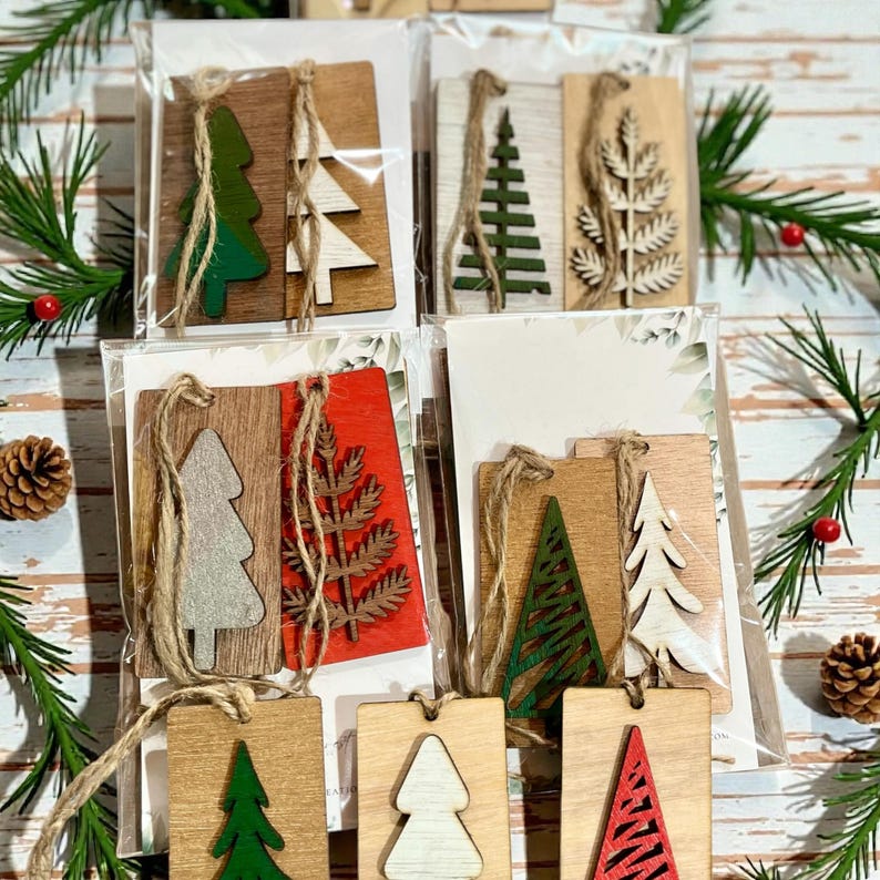 Rustic Wood Christmas Gift Tags, Layered Tree Ornaments, Set of 4 - Etsy