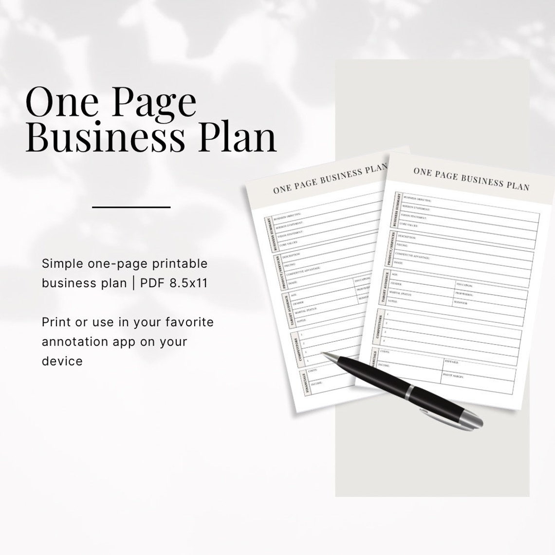 One Page Business Plan | Printable PDF | Business Plan Startup ...