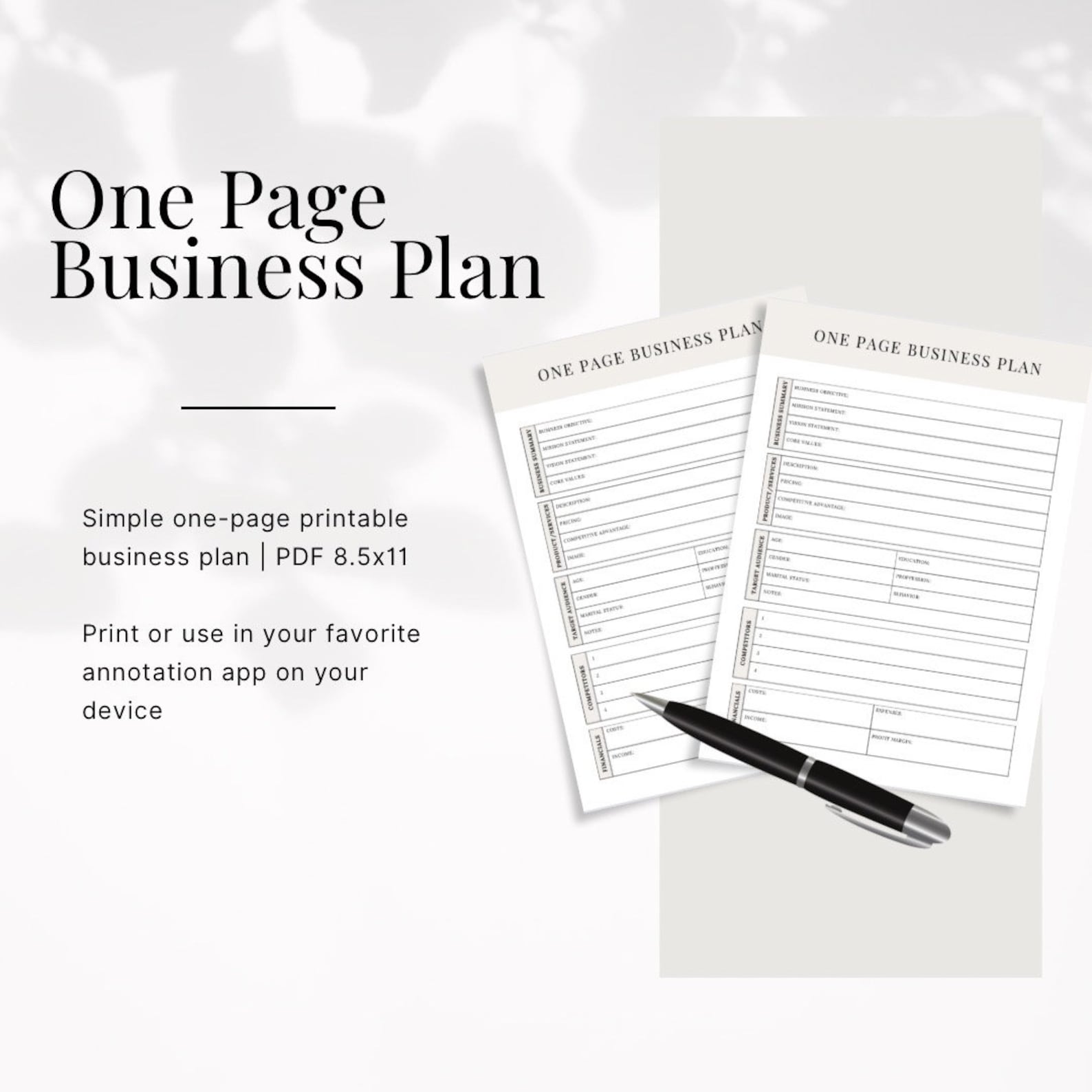 One Page Business Plan | Printable PDF | Business Plan Startup ...