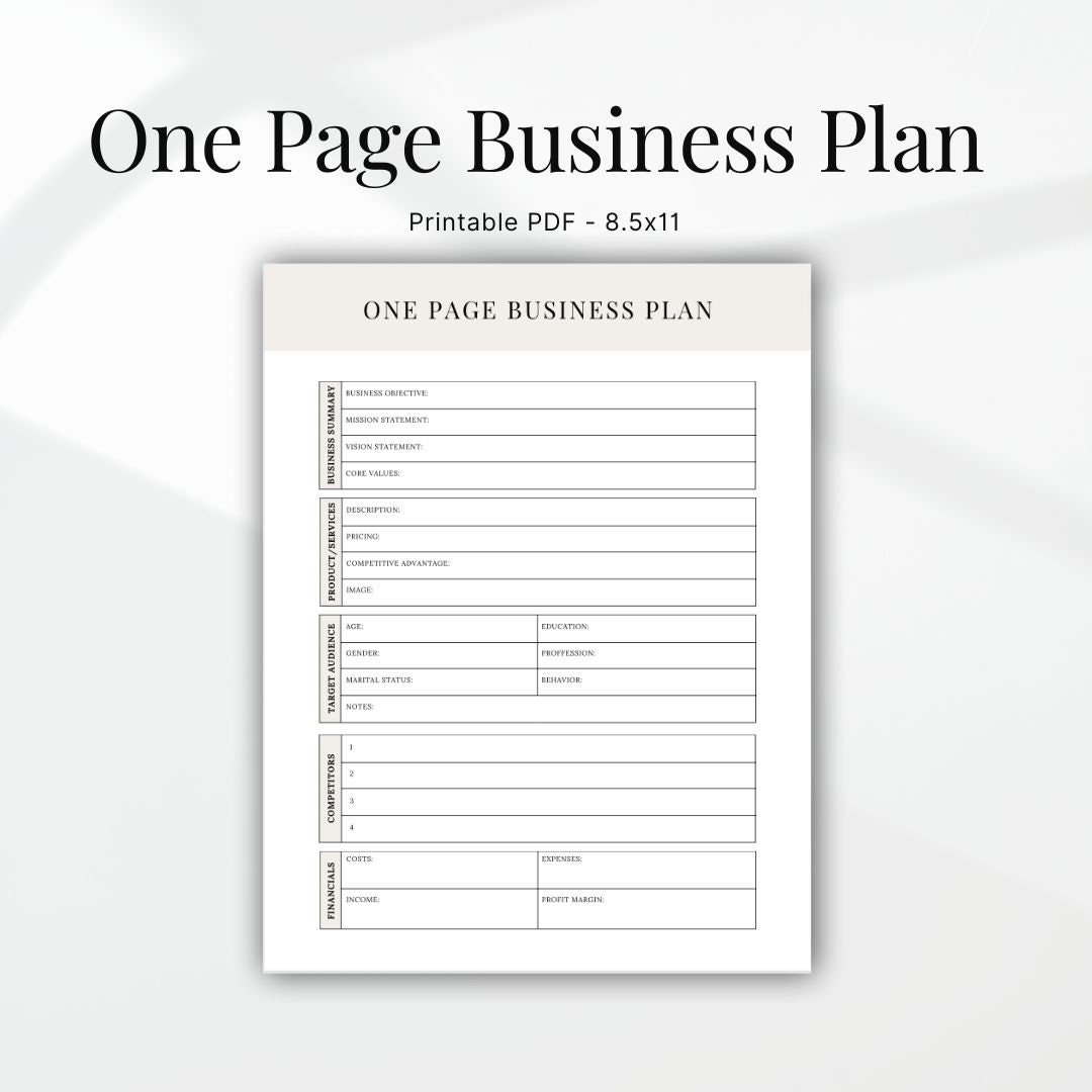 One Page Business Plan | Printable PDF | Business Plan Startup ...