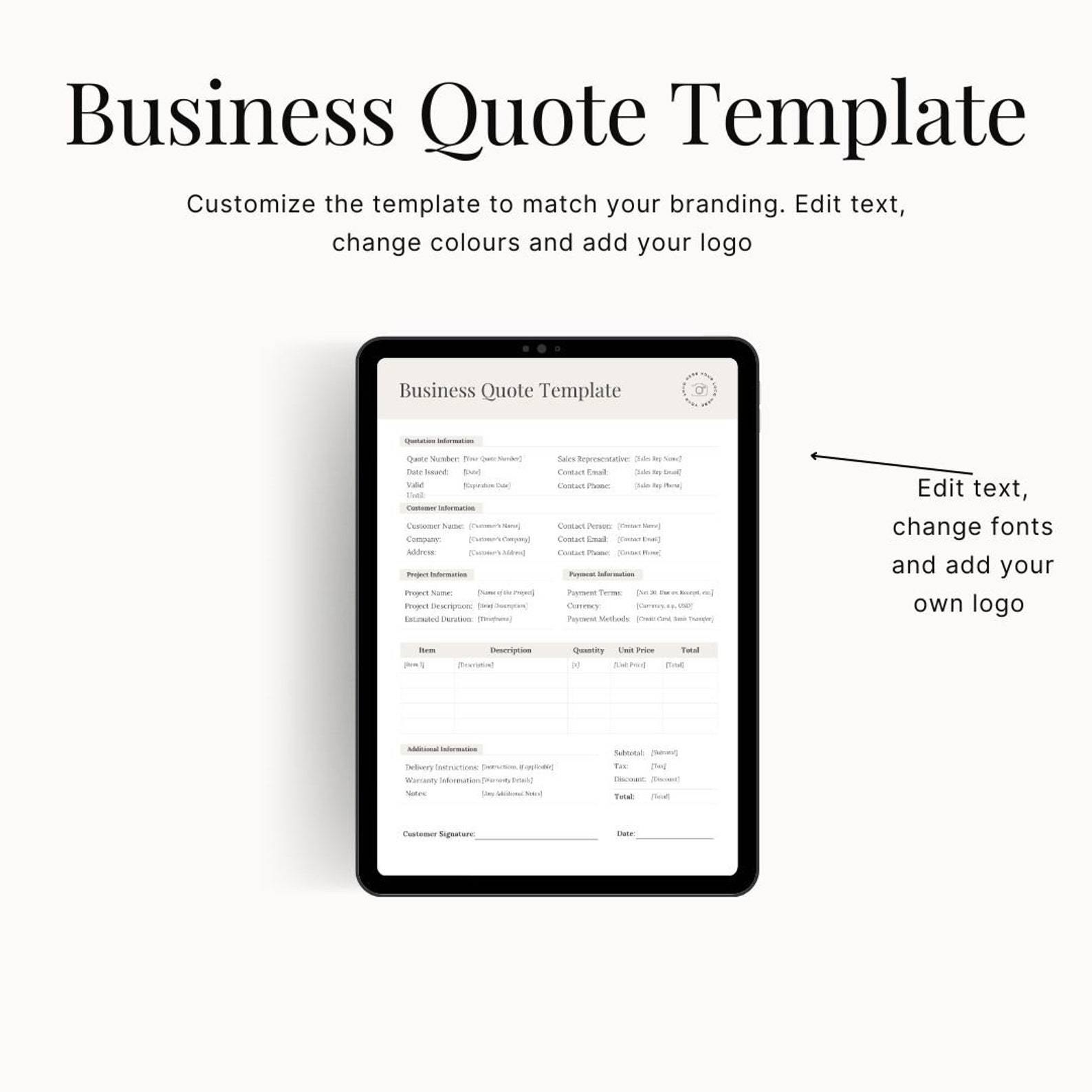 Editable Business Quote Form | Printable Job Estimate Form | Quote ...