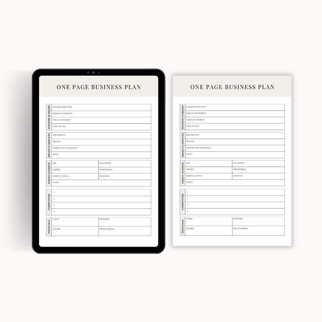 One Page Business Plan | Printable PDF | Business Plan Startup ...