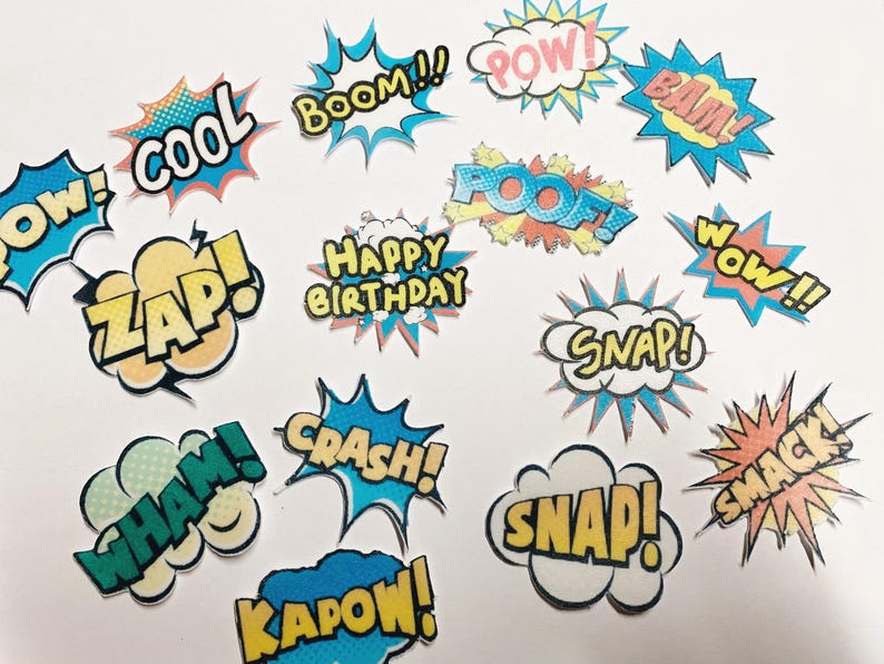 Pack of 15 Edible Wafer Die Cut Hero Speech Bubbles Edible Superhero ...