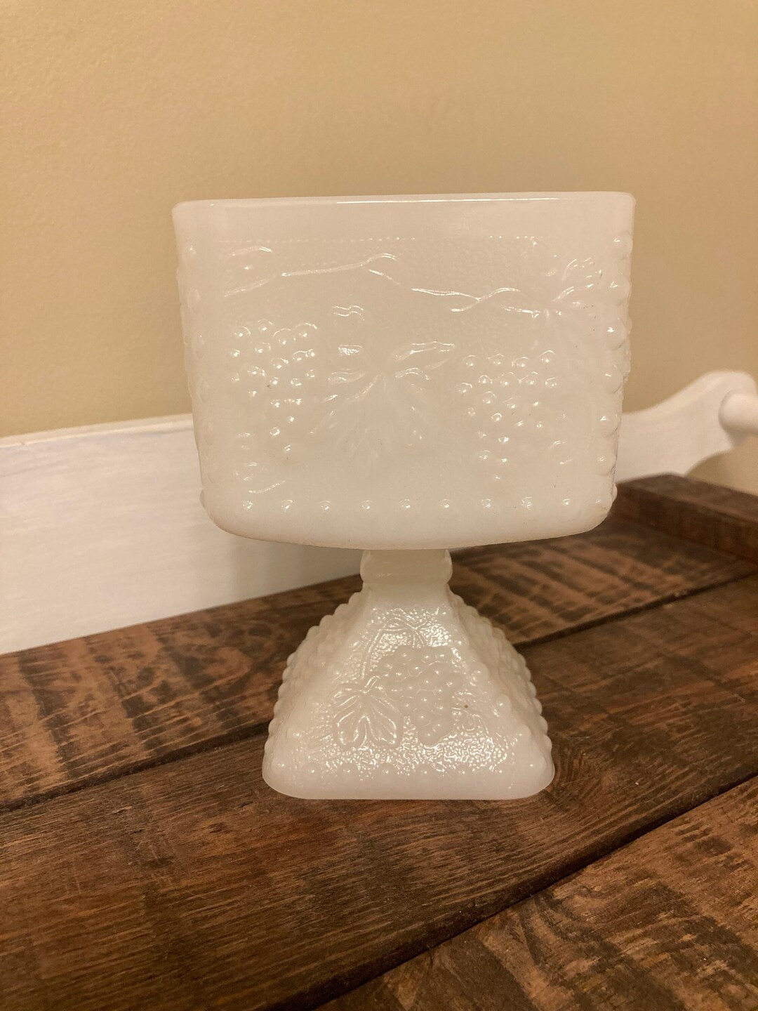 Vintage Milk Glass Square Footed Compote, Candle Vessel, Candy Dish ...