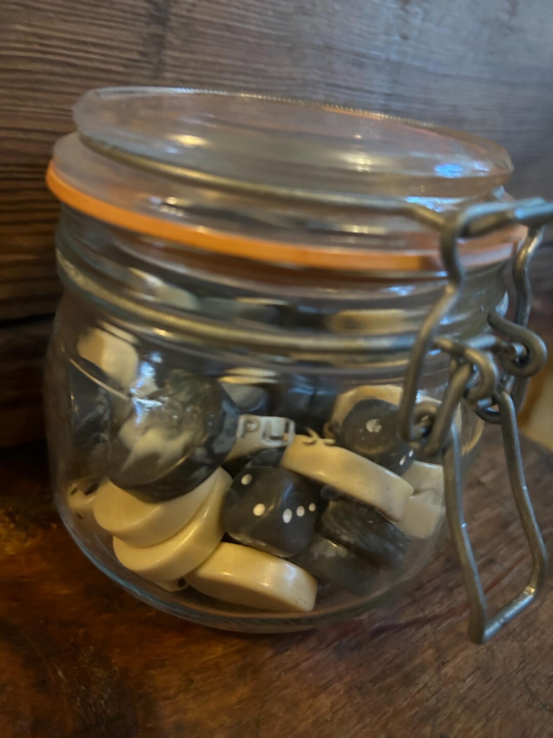 Vintage French Jar With Vintage Backgammon Pieces, Vintage Junk Jar ...