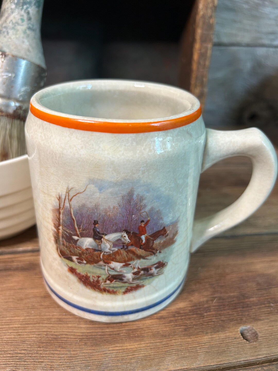 Vintage Stained and Crazed Stein, Vintage Mug, Equestrian Mug, Horse ...