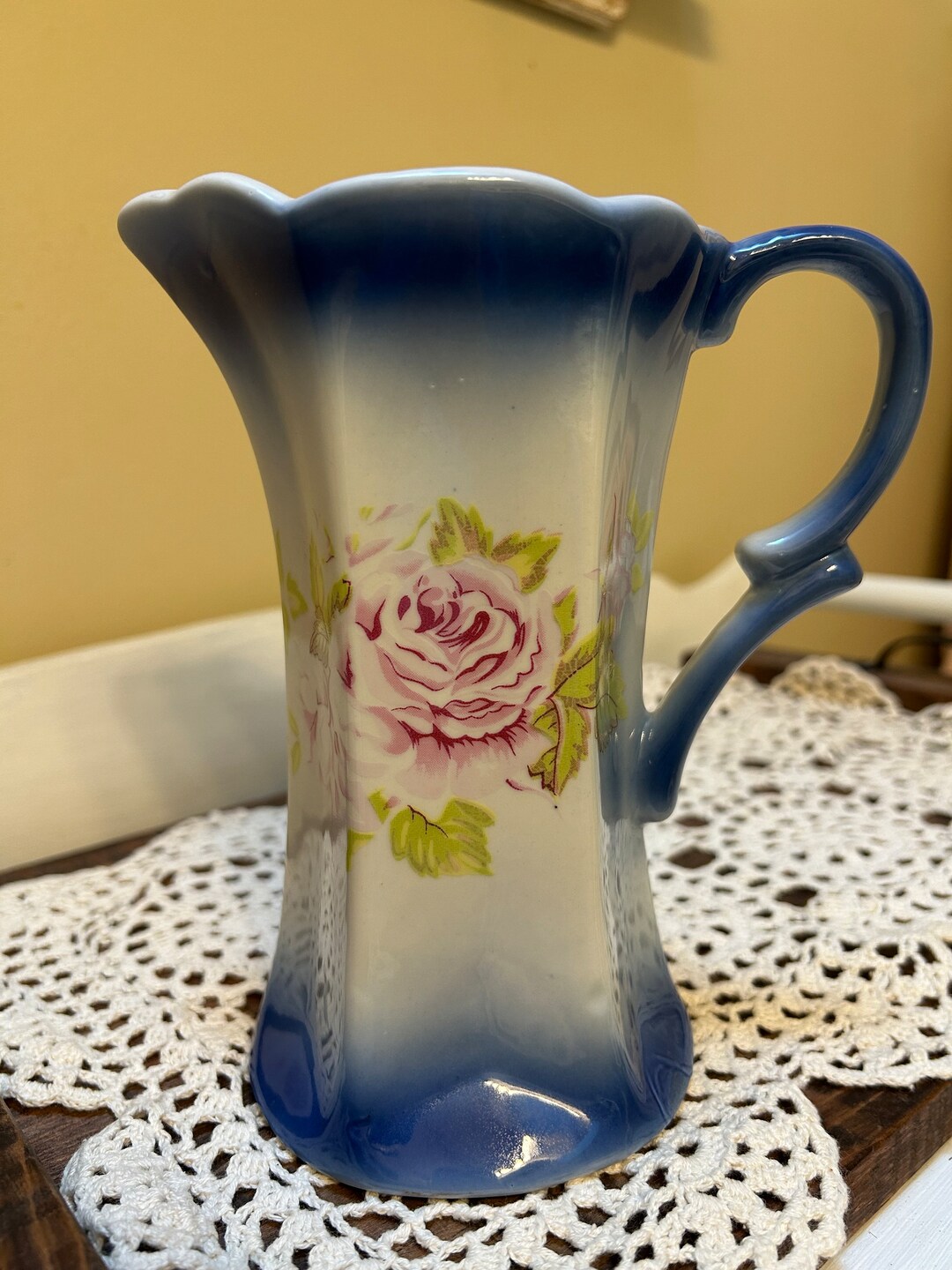 Vintage Rose Pitcher, Vintage Blue and Rose Pitcher, Blue Decor ...