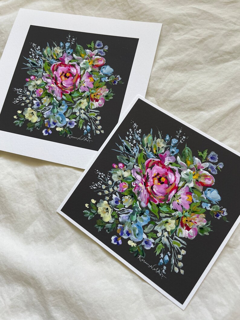 Gouache Floral Bouquet on Charcoal, Gouache Print on Cold-pressed Paper ...
