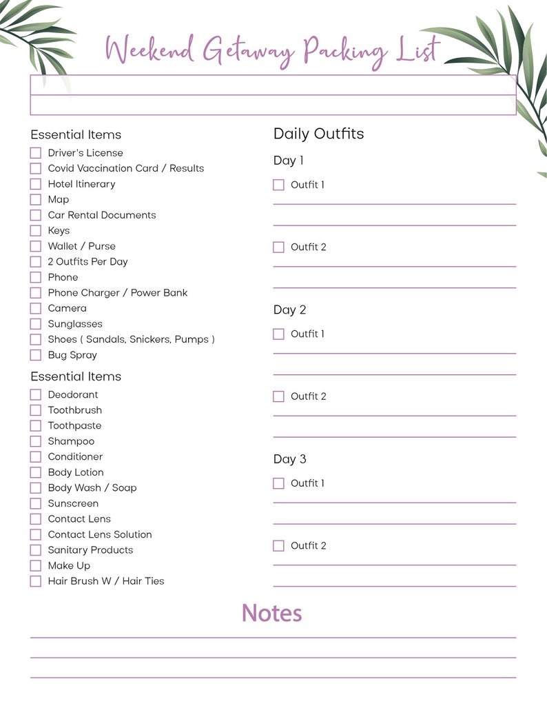 Weekend Getaway Packing List - Etsy