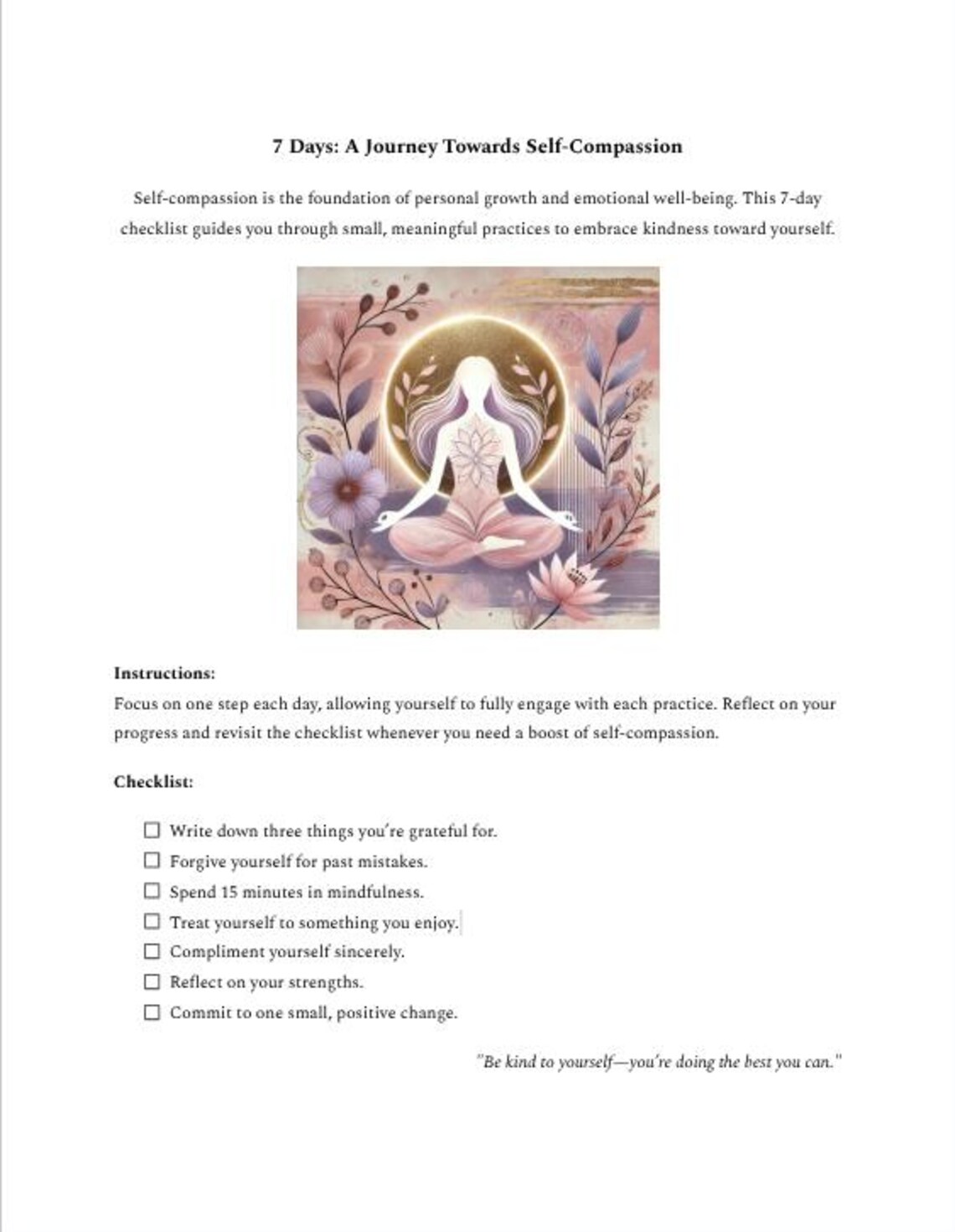 Checklist: 7 Days in a Journey to Self-compassion - Etsy