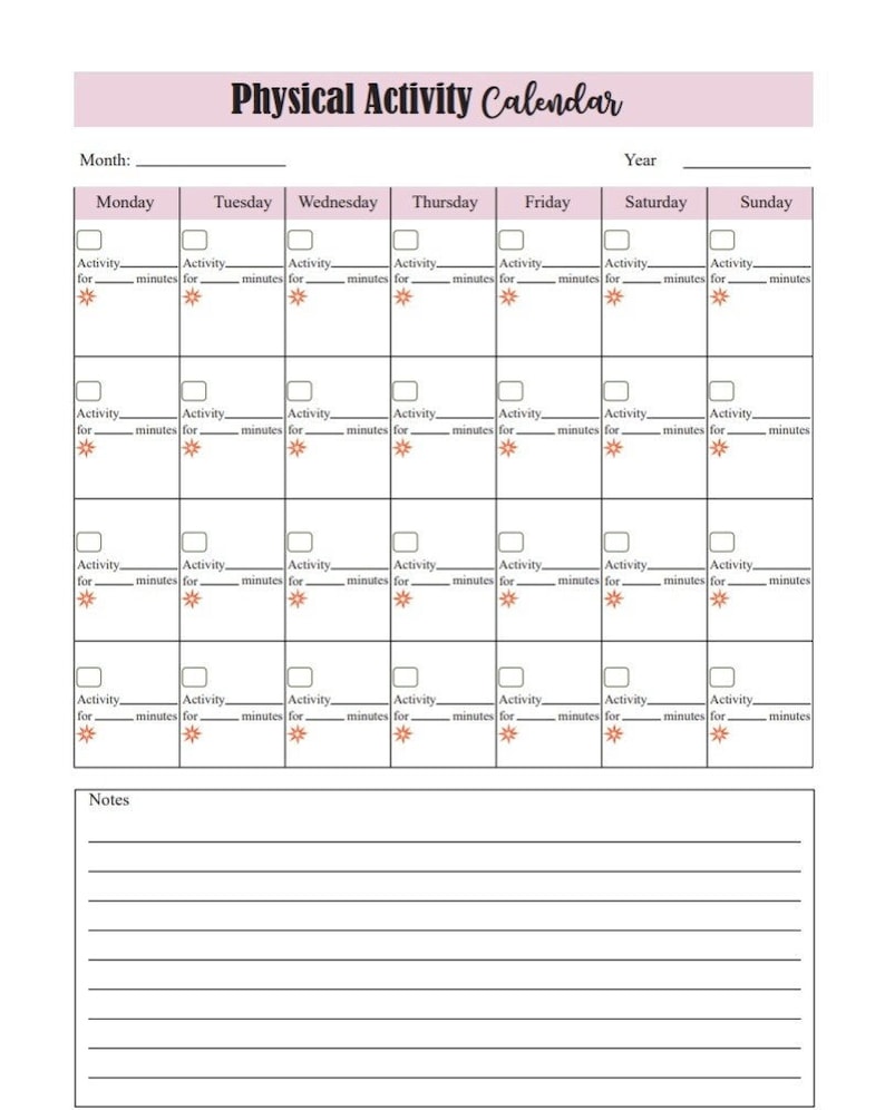 Physical Activity Calendar, Exercise Calendar, Weight Loss, Training ...