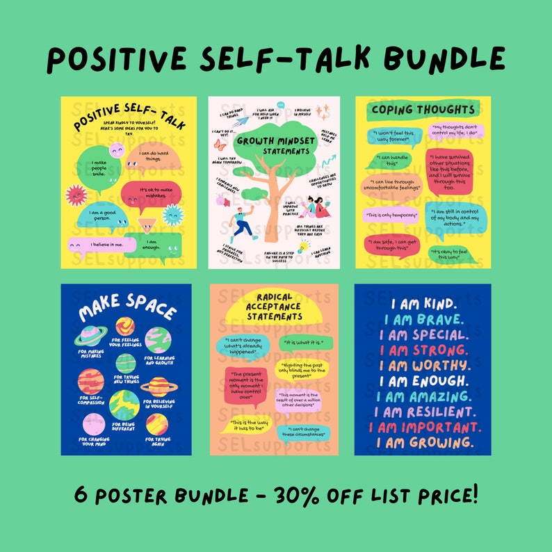 Self-talk Affirmations Growth Mindset Therapy Poster BUNDLE 30%off List ...