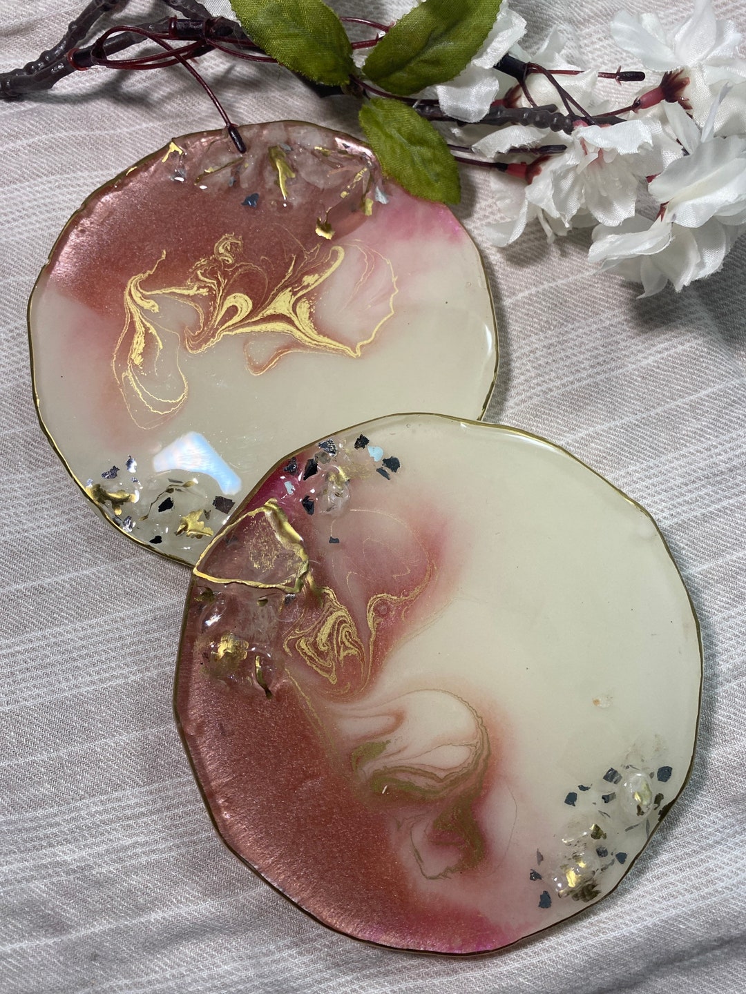 Rose and Cream Round Resin Coasters With Sea Glass and Gold Trim - Etsy