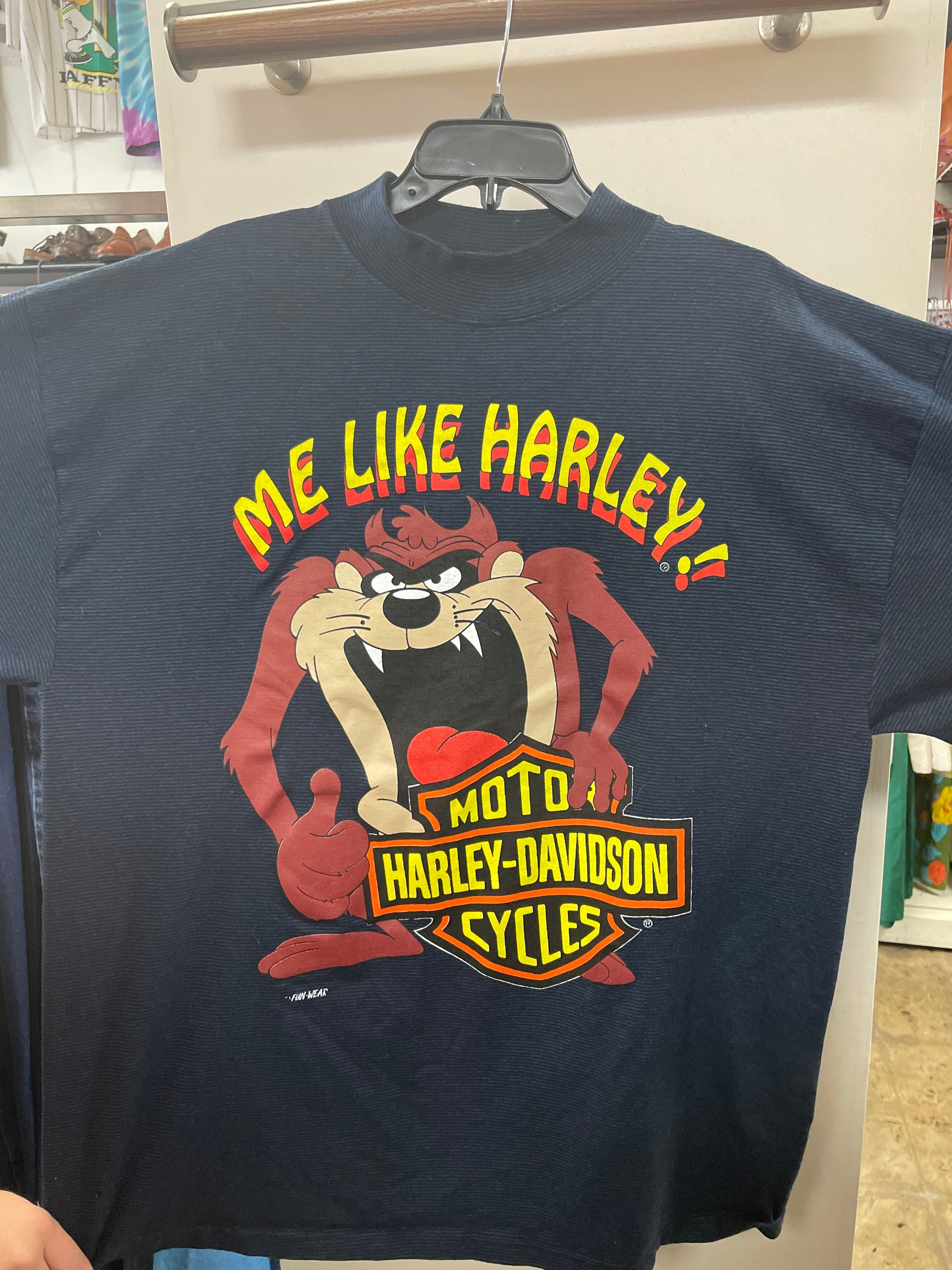 90s Tasmanian Devil Harley Davidson Long Sleeve Blue Striped 90s Tasmanian Devil Harley Davidson Long Sleeve Blue Striped
