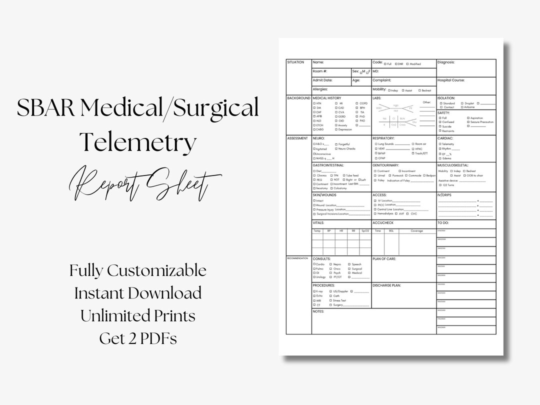 SBAR Nurse Report Sheet: Med Surg, Telemetry, ICU (digital Download) - Etsy