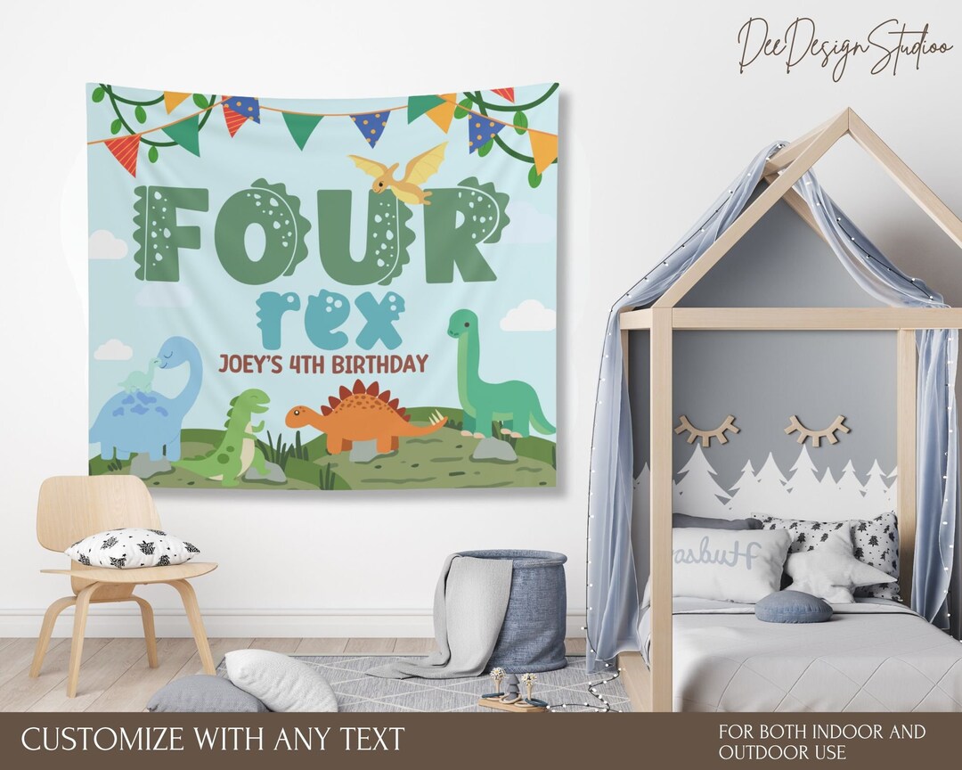 Custom 4 Rex Backdrop Birthday Banner, Dinosaur 4th Birthday Decoration ...