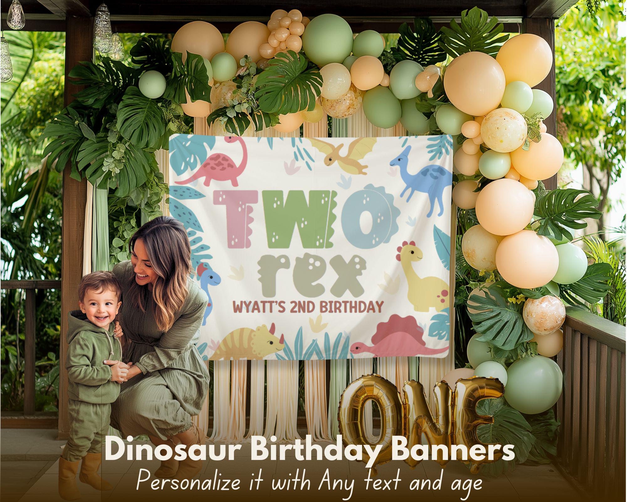 TWO Rex Dinosaur Birthday Banner Custom, Dino Party 2nd Birthday Banner ...