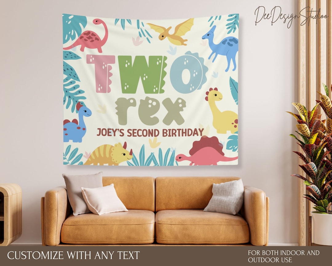 TWO Rex Dinosaur Birthday Banner Custom, Dino Party 2nd Birthday Banner ...