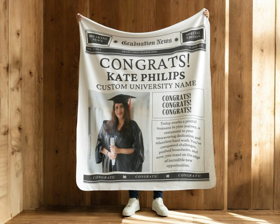 Newspaper Style Graduation Blanket, Personalized Grad Party Gift for ...