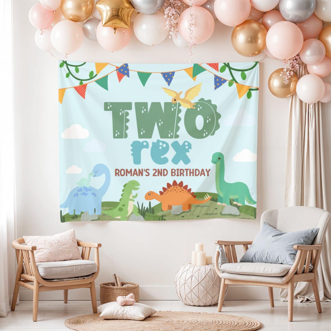 Custom 2 Rex Backdrop Birthday Banner, Dinosaur 2nd Birthday Decoration ...