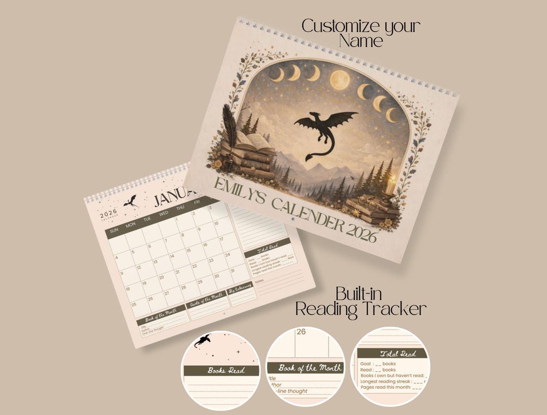 2026 Calendar + Tracker Book Lover, Fantasy Dragon 2026 Calendar ...