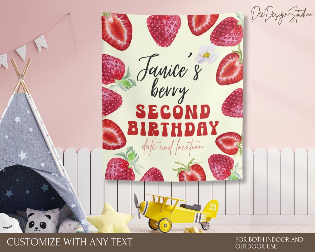 Custom Strawberry Birthday Banner Sign, Strawberry Party Girl Pink ...