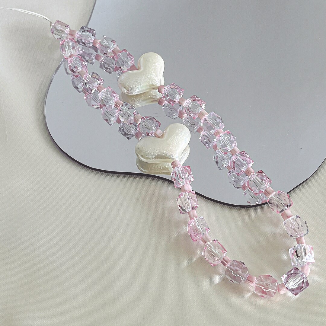 Cube Crystal Phone Charm With Pearl Heart Y2K Style Pink - Etsy