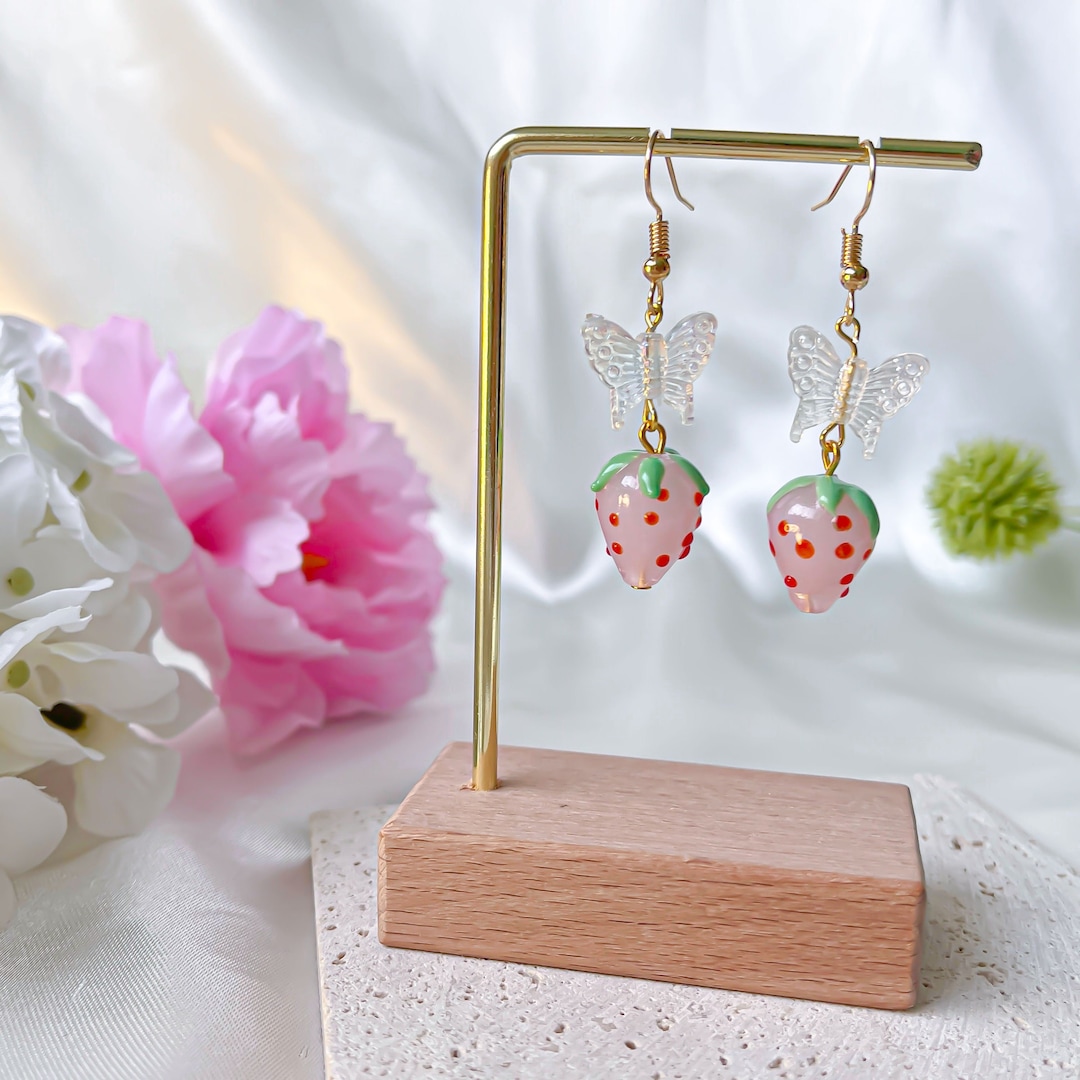 Cute Pink Strawberry Drop Dangle Earrings With Butterfly, Cottagecore ...